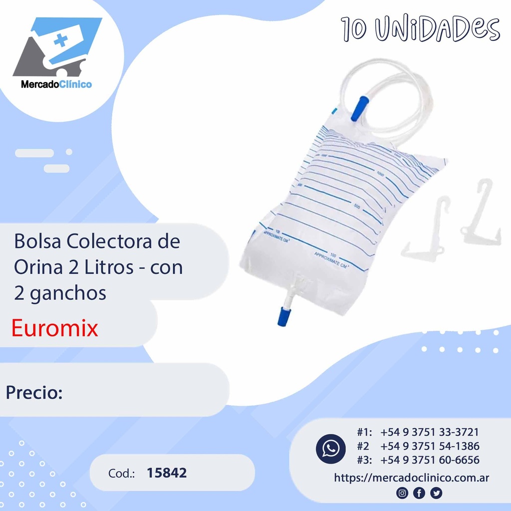 Bolsa Colectora de Orina - 2Litros -2 Ganchos - EUROMIX | Mercado Clinico